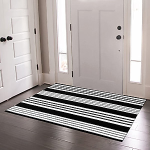 OJIA Black and White Outdoor Rug 3 x 5 ft Cotton Hand-Woven Striped Porch Rug Machine Washable Entry Rug Indoor/Outdoor Area Rug Front Door Rug Floor Mat for Farmhouse/Living Room/Home Entrance