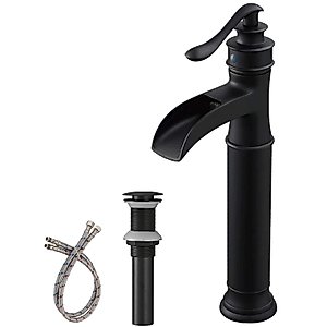 BWE Vessel Sink Faucet Waterfall Matte Black with Pop Up Drain Without Overflow and Supply Lines Bathroom faucets for Sink 1 Hole One Handle Faucets Vanity Bath Mixer Tap
