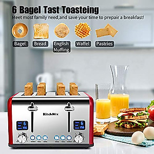 Toaster 4 Slice, KitchMix Bagel Stainless Toaster with LCD Timer, Extra Wide Slots, Dual Screen, Removal Crumb Tray (Red)