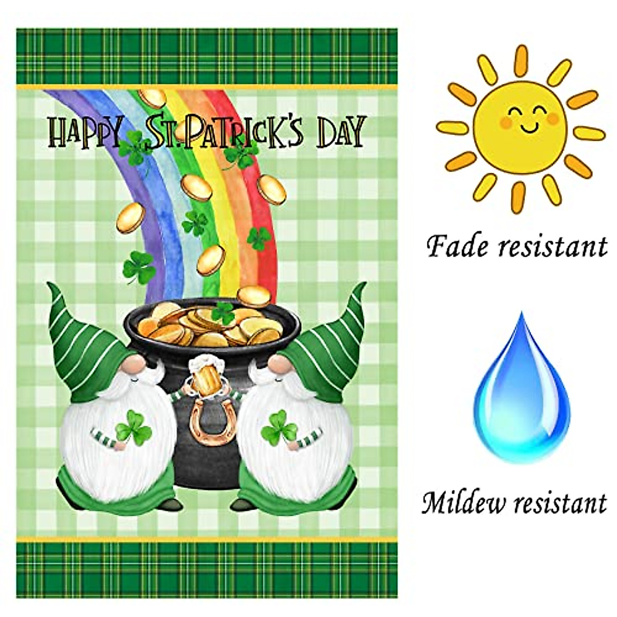 St Patrick's Day Garden Flag,Shamrock Spirit Gold Coin Hat Rainbow St Patricks Flag 12.5 x 18 Inch Clover Double-Sided Display 2 Layer Linen for Garden and Home Decorations