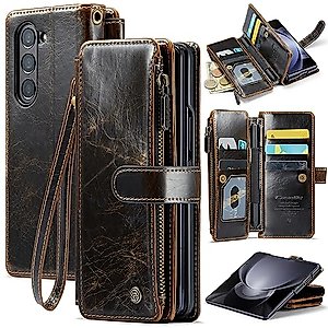 CaseMe for Samsung Galaxy Z Fold 5 Case with S Pen Holder, Z Fold 5 Wallet Case with Card Holder for Women Men, RFID Blocking Kickstand Zipper Shockproof Phone Case for Galaxy Fold 5, Luxury Coffee