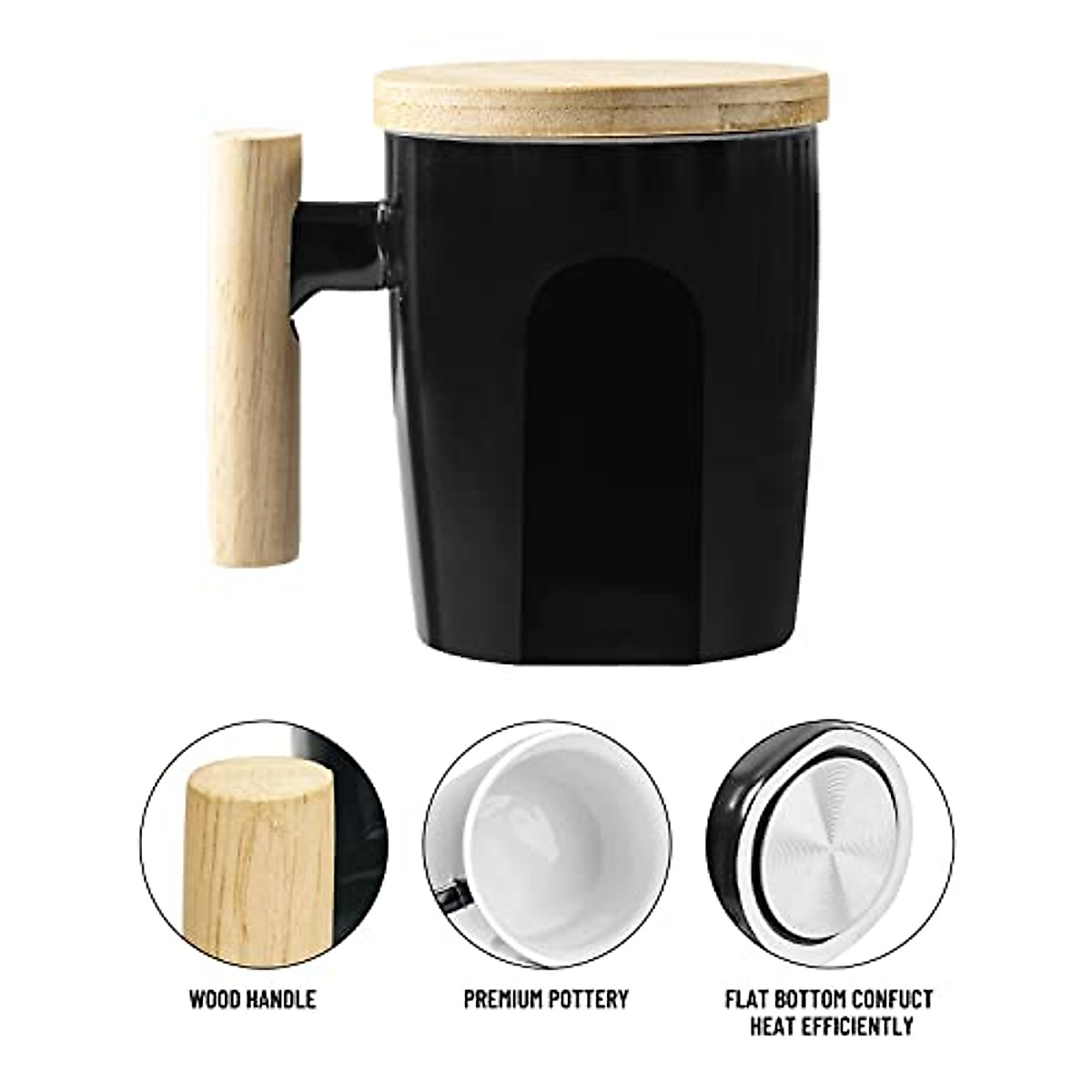 HOWAY Flat Bottom Mug with Wood Lid, Ceramic Tea Cup for Coffee Warmer, Flat Bottomed, Wooden Handle, 14oz