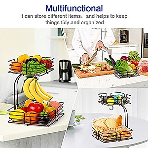 Auledio GGG-123 2-Tier Square Countertop Fruit Vegetables Basket Bowl Storage With Banana Hanger, Brone, 1 PACK