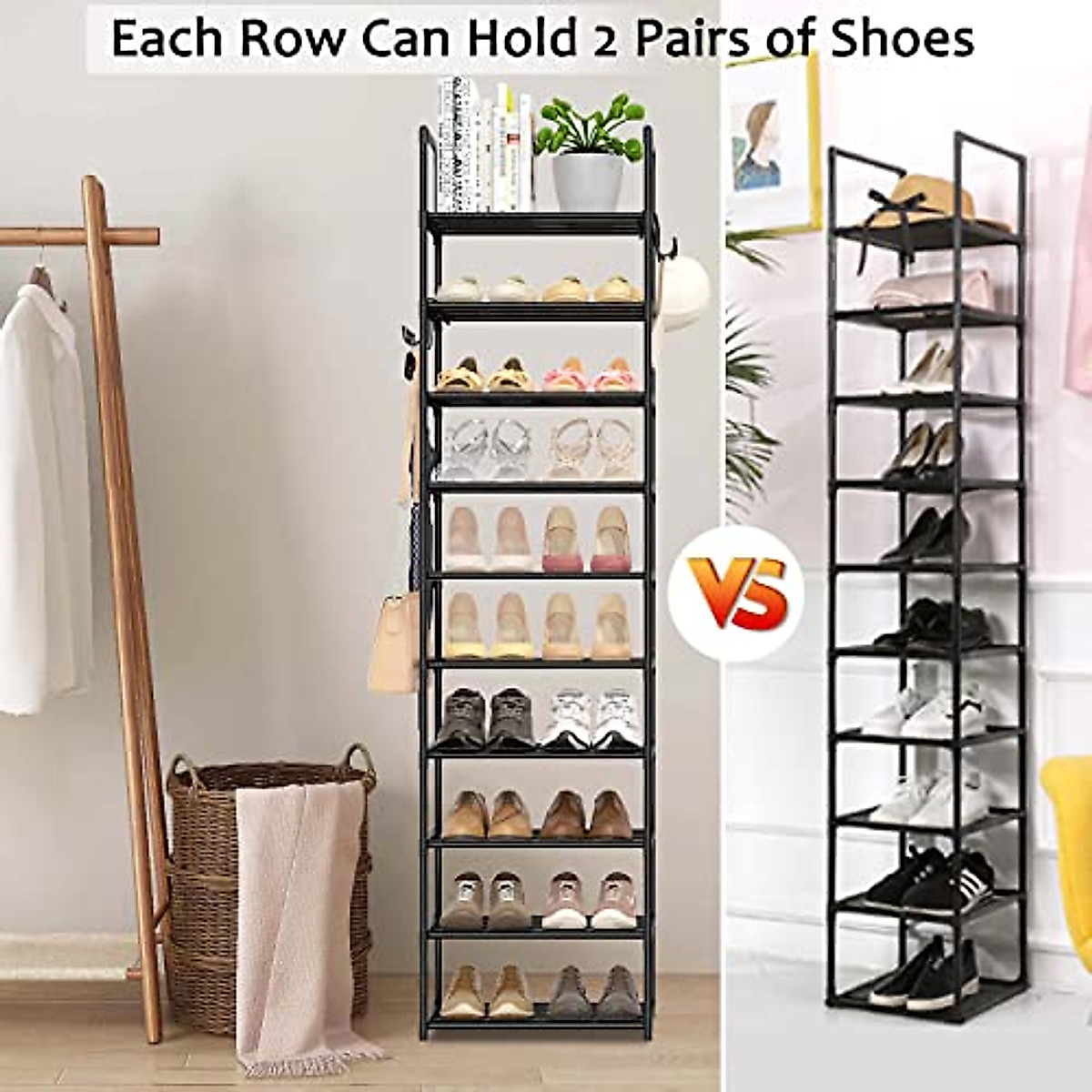 ROJASOP Tall Shoe Rack 10 Tiers Narrow Shoe Rack 20-24 Pairs Vertical Shoe Rack Space Saving Stackable Tall Shoe Rack for Closet Entryway Durable Shoe Shelf Storage Metal Shoe Tower with 8 Hooks
