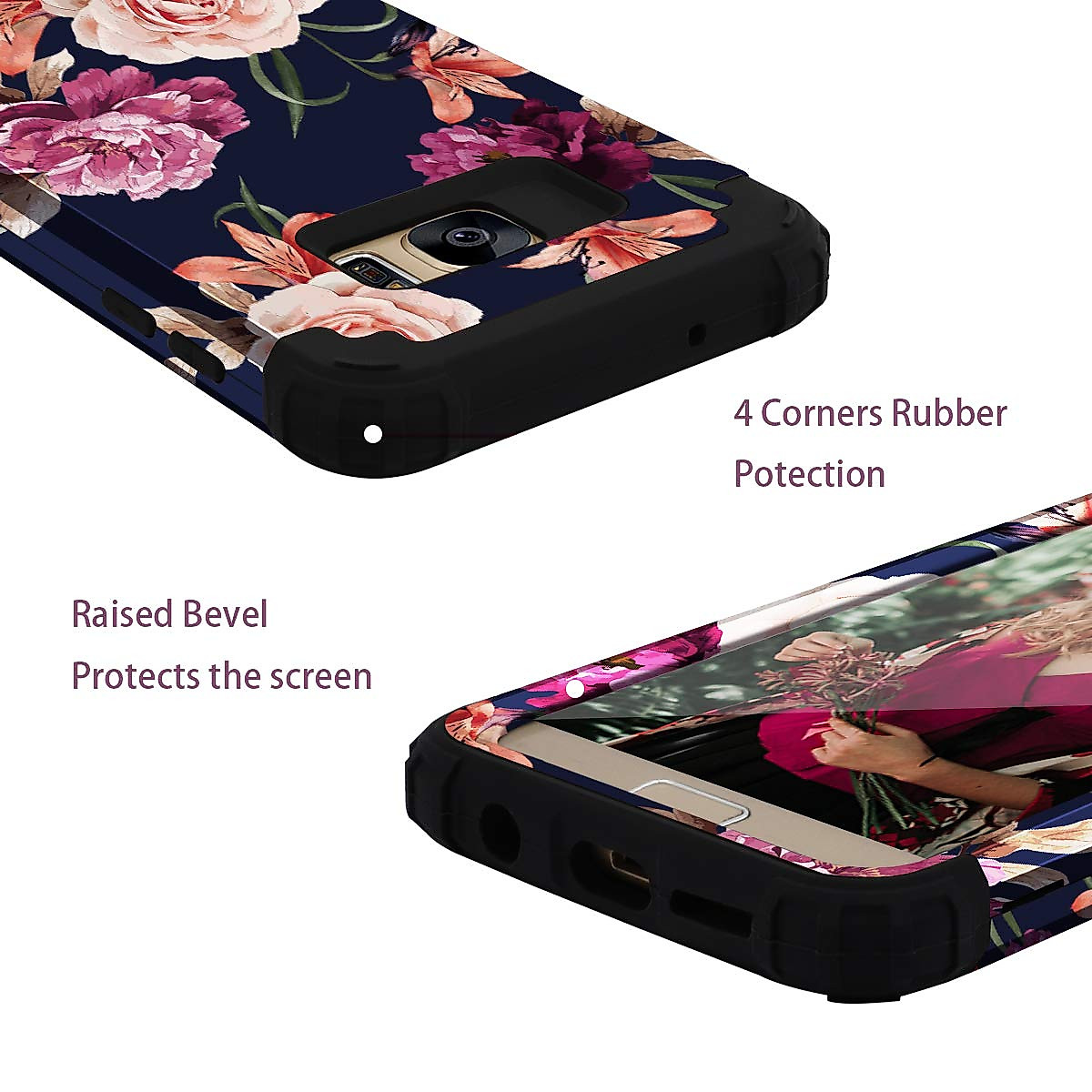 Samsung S7 Case,S7 Phone Case,Casewind Samsung Galaxy S7 Case Floral 3 in 1 Hard PC Soft Silicone Heavy Duty Hybrid Protection Shockproof Anti-Scratch Rugged Bumper Cover for Galaxy S7 Case,Navy Blue