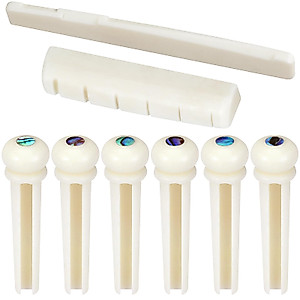 Blisstime 6 String Acoustic Guitar Bone Bridge Saddle and Nut and 6pcs Guitar Bone Bridge Pins Made of Real Bone