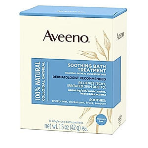 Aveeno Soothing Bath Treatment with 100% Natural Colloidal Oatmeal for Treatment & Relief of Dry, Itchy, Irritated Skin Due to Poison Ivy, Eczema, Sunburn, Rash, Insect Bites & Hives, 8 ct.
