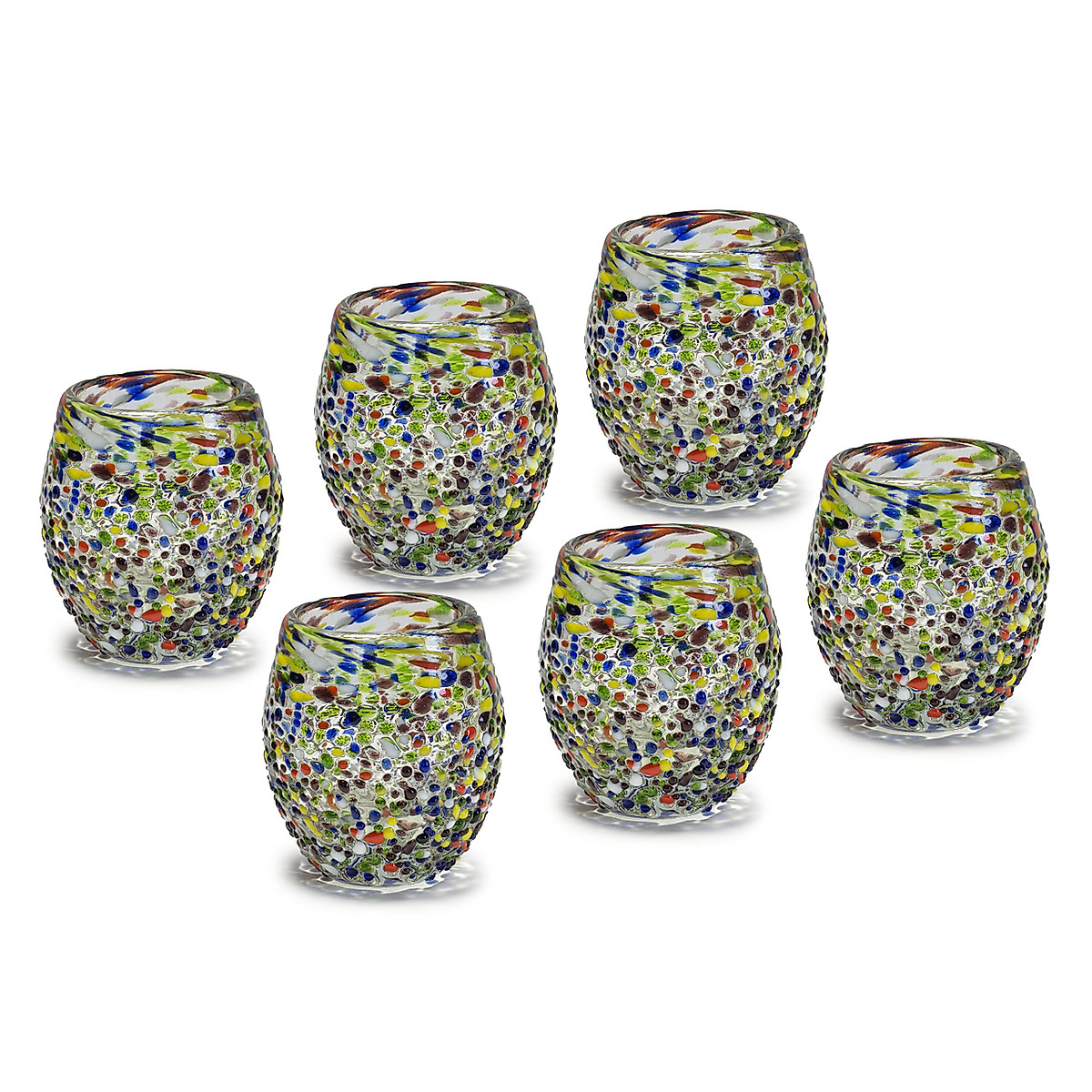 Mexican Hand Blown Glass Confetti Barrel Tequila - Whisky - Vodka Shots - Tequilero de Vidrio Soplado Barril Confeti Original Artisan (6 Pack)