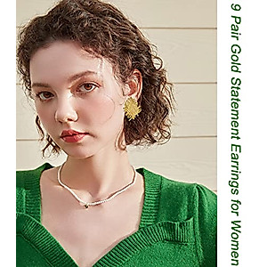 Jewdreamer 9 Pairs Gold Geometric Earrings for Women Exaggerated Statement Earrings Stylish Twisted Ginkgo Leaf Earrings Gold Plated Big Boho Drop Dangle Earrings Jewelry Gift