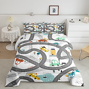 Cartoon Cars Comforter Set Twin, City Roads Bedding, Hand Drawn Cute Town Road Trees Bedding Comforter Sets, Teal Yellow Blue Retro Rustic Farmhouse Lake Bedroom Decor Down Comforter For Boys