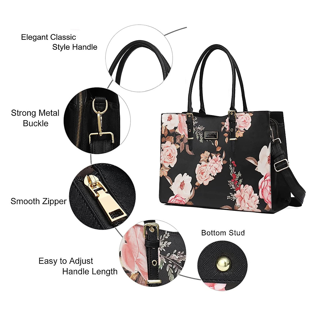 MOSISO Laptop Tote Bag Compatible with MacBook, 17-17.3 inch Notebook and Chromebook, Peony Waterproof PU Leather Travel Work Briefcase with Adjustable PU Handle, Black