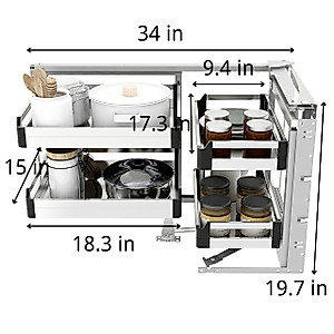 LOYALHEARTDY Blind Corner Cabinet Pull Out, 15in Open Stainless Steel Blind Corner Cabinet Organizer with 2 Tiers 4 Baskets Blind Corner Soft Close Swing Tray for Right Handed Open Cabinet