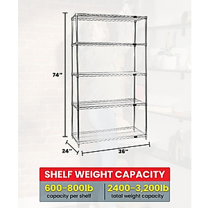 Quantum WR74-2436C-5 Wire Shelving Starter Kit, 36"W x 24"D x 74"H, 600 lbs Capacity, Carbon Steel, Chrome, NSF