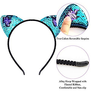 Beinou Reversible Sequin Cat Ears Headband - Shiny Bling Kitty Hairband with Ear Hair Hoops, Cute Hair Accessories for Girls Women, Suitable for Daily Wear and Party Decorations
