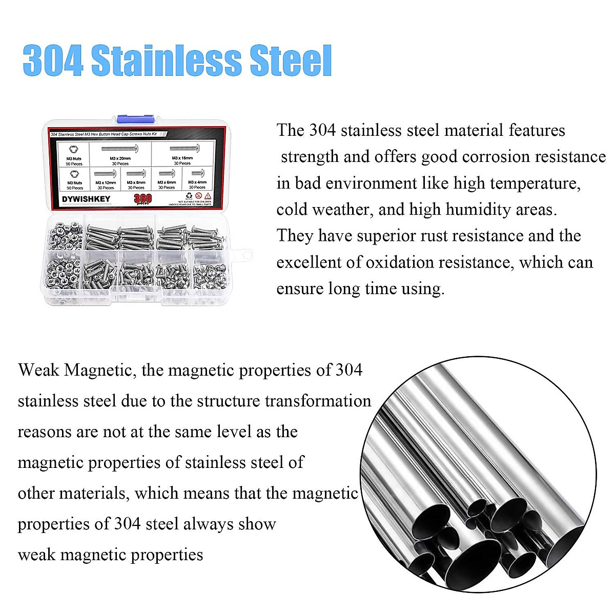 DYWISHKEY 360 Pieces M3 x 4mm/6mm/8mm/12mm/16mm/20mm Stainless Steel 304 Hex Button Head Cap Bolts Screws and Nuts Kit