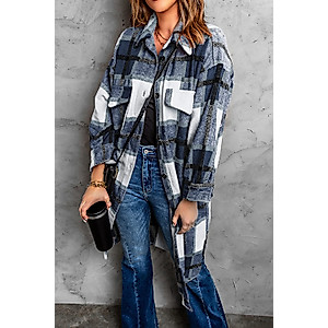 PRETTYGARDEN Women's 2024 Plaid Shacket Jacket Long Sleeve Button Down Shirts Fashion Winter Wool Coats (Navy,X-Large)