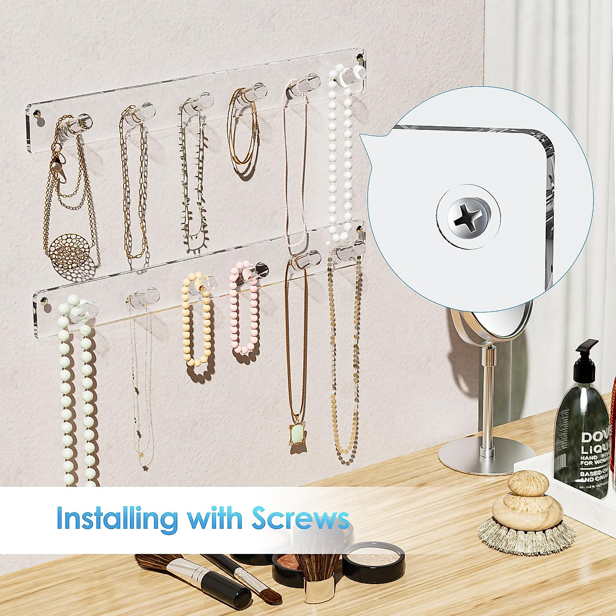 MaxGear Acrylic Necklace Holder 2 Pack, Wall Mounted Jewelry Organizer for Necklaces, Bracelets, Rings, and Bangles Display Rack, Hanging Jewelry Hooks for Women & Girls