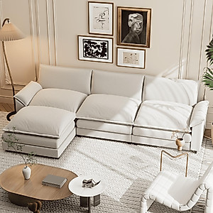 Shahoo Sectional Modular Sofa L Shaped Chenille Fabric Couch with High Supportive & Soft Sponges and Removable Ottoman, Sleeper Comfy Upholstered Furniture for Living Room, White