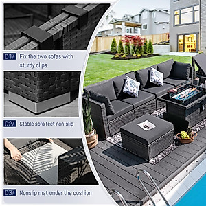 BULEXYARD Grey PE Wicker Patio Furniture Sectional Conversation Sofa Set with 43" Propane/Natural Gas Fire Pit Table, Large Size High Back Outdoor Furniture Set with Fireplace(7Pcs, Dark Grey)