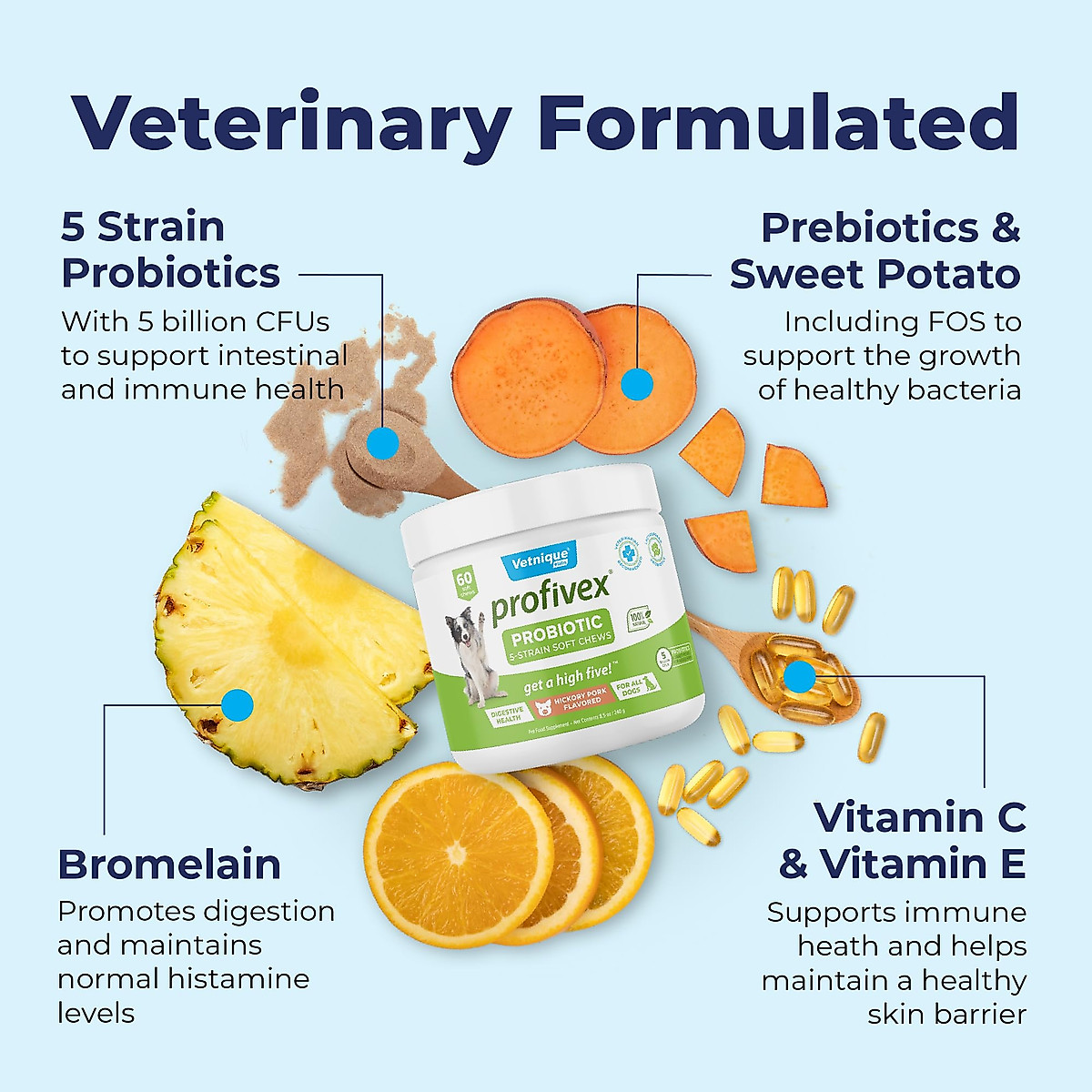 Vetnique Labs Profivex Probiotics for Dogs All Natural Dog Chews & Powder for Digestive Health Probiotic Supplements for Dogs 5 Strains of Probiotics & Prebiotics (Soft Chews, 60ct)