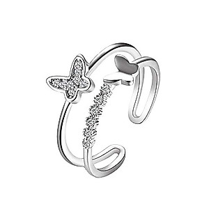 FUTIMELY Dainty Butterfly Ring for Women Silver Rose Gold Double Butterfly Ring Adjustable Crystal Butterfly Knuckle Ring (Silver)
