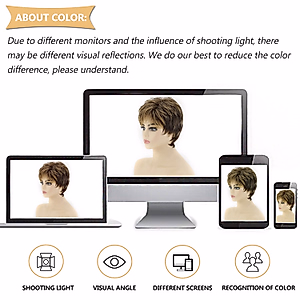 SEVENCOLORS Short Dark Brown Mixed Blonde Pixie Cut Wigs for Women Synthetic Layered Highlight Wigs with Bangs Natural Hair Replacement Wigs