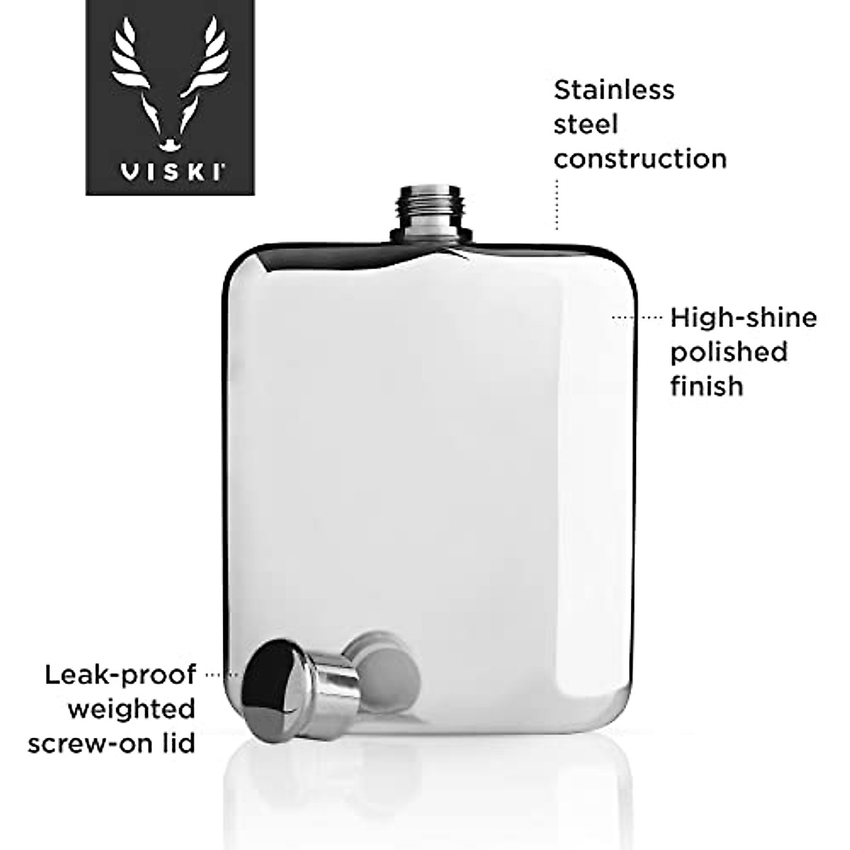Viski Silver Flask, Polished Stainless Steel Flask with Screw Top for Alcohol, Liquor Flask for Men, 6 Ounces, Set of 1