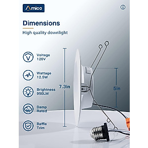 Amico 5/6 inch 3CCT LED Recessed Lighting 12 Pack, Dimmable, Damp Rated, 12.5W=100W, 950LM Can Lights with Baffle Trim, 3000K/4000K/5000K Selectable, Retrofit Installation - ETL & FCC Certified