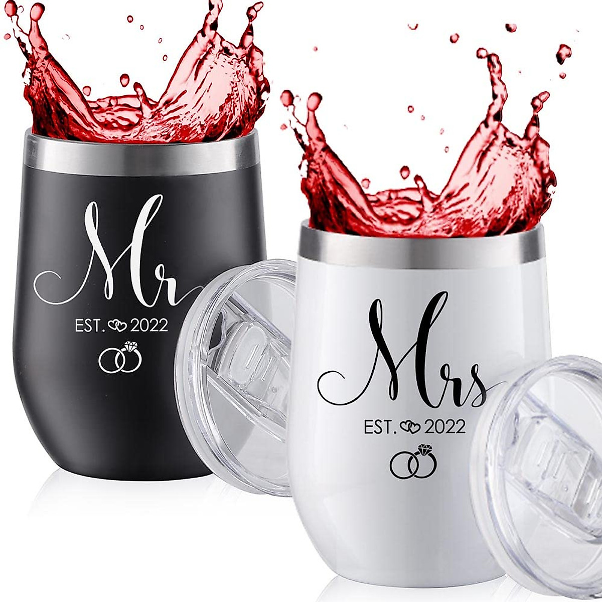Sparkle Moment Mr and Mrs Est 2022 Wedding Gift Set -12 oz Stainless Steel Wine Tumbler/Cup/Mug/ Bridal Shower/Bride to be/Engagement/Bachelorette Party for Newlyweds Couples (12 oz, Black & White)