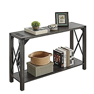 IRCPEN 42.5" Entryway Table with Charging Station, 2-Tier Skinny Sofa Table with Outlet, Industrial Console Table for Entryway, Living Room, Hallway, Foyer (Grey, 42.9" D x 11.8" W x 29.9" H)