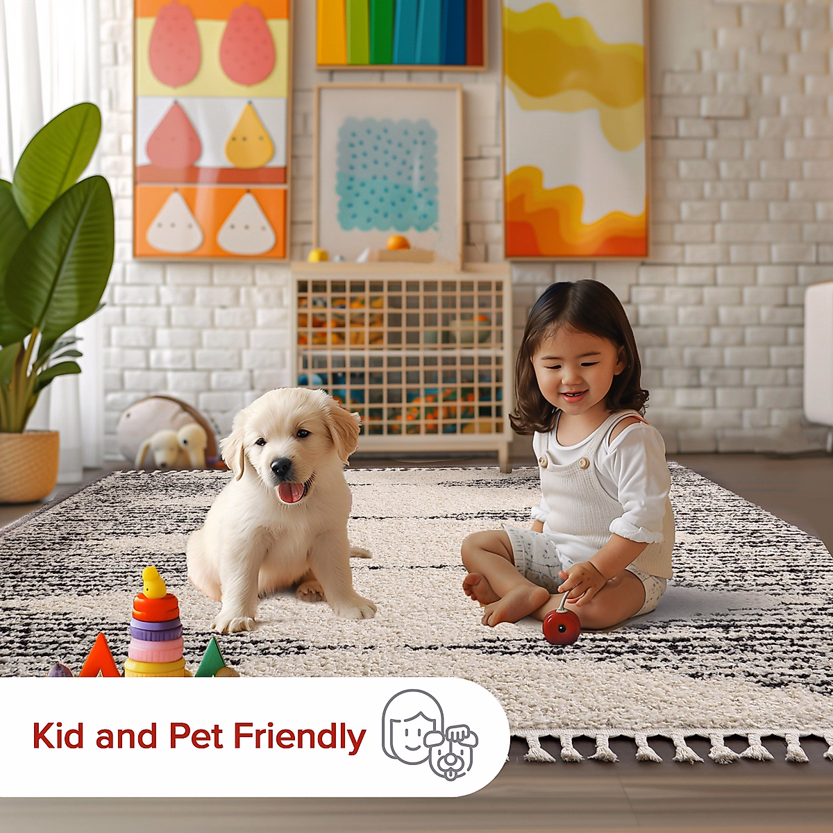 nuLOOM Bria Moroccan Shag Tasseled Area Rug - 2x12 Runner Shag Rug Modern/Contemporary Off-White/Charcoal Rugs for Living Room Bedroom Dining Room Nursery Entryway Hallway