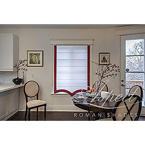 LOGANOVA Flat Roman Shade Chevalle Brick. White base, luxuriant red border on three sides, scalloped bottom and chain mechanism. Custom made.