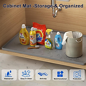 Under Sink Mat - Waterproof Kitchen Cabinet Tray - 34" x 22" Flexible Silicone Under Sink Liner with Drain Hole - Kitchen Bathroom Cabinet Mat and Protector for Drips Leaks Spills
