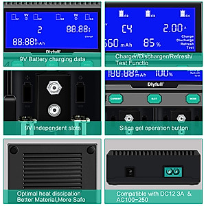 9V 18650 Rechargeable Battery Charger, Universal Battery Charger for 18650 AA AAA C D 9V 26650, Household Li-ion Nimh Battery Charger with Smart Display, 6 Bay(2 9V Battery Bay and 4 Universal Bay)
