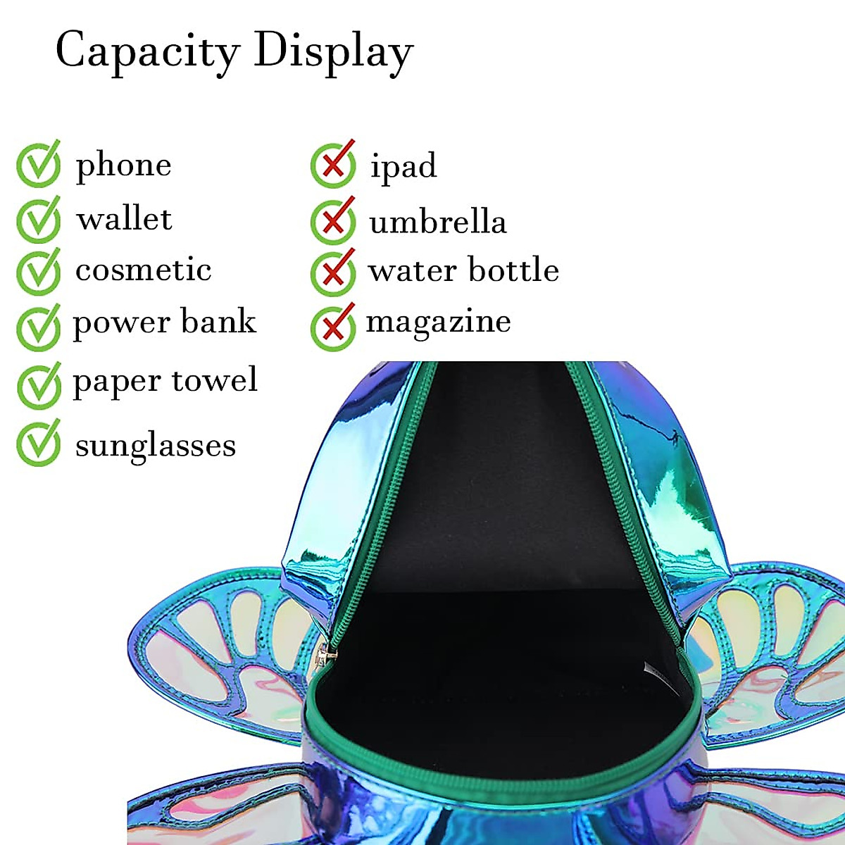 ENJOININ Women's Laser Holographic Backpack Butterfly Angel Wings Casual Daypack Shoulder Bag