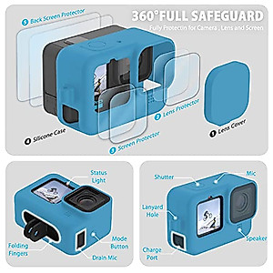 FitStill Blue Silicone Sleeve Case for Go Pro Hero 11 Hero 10 Hero 9 Black, Battery Side Cover&Screen Protectors&Lens Caps&Lanyard for Go Pro Hero 11 /10 / 9 Accessories Kit