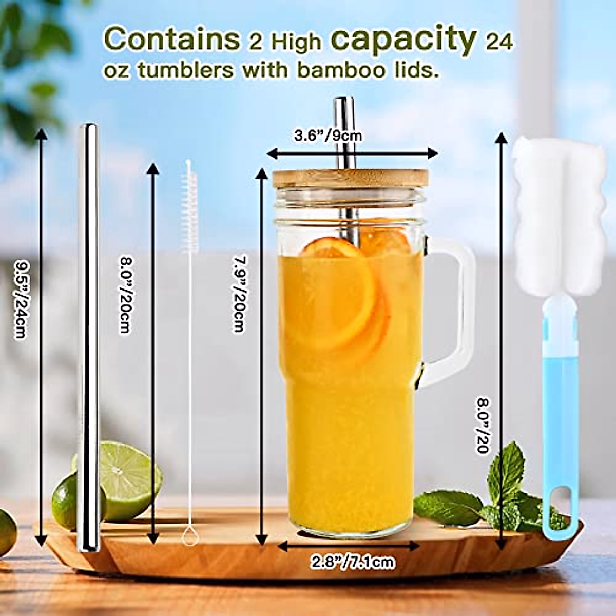 Glass Cups with Bamboo Lids and Straws,24oz Tumbler With Handle,2 Pack Mason Jar with Lid and Straw-Wide Mouth Reusable Drinking Glasses,Boba Cup Smoothie Tumbler Iced Coffee Cup Travel Mug