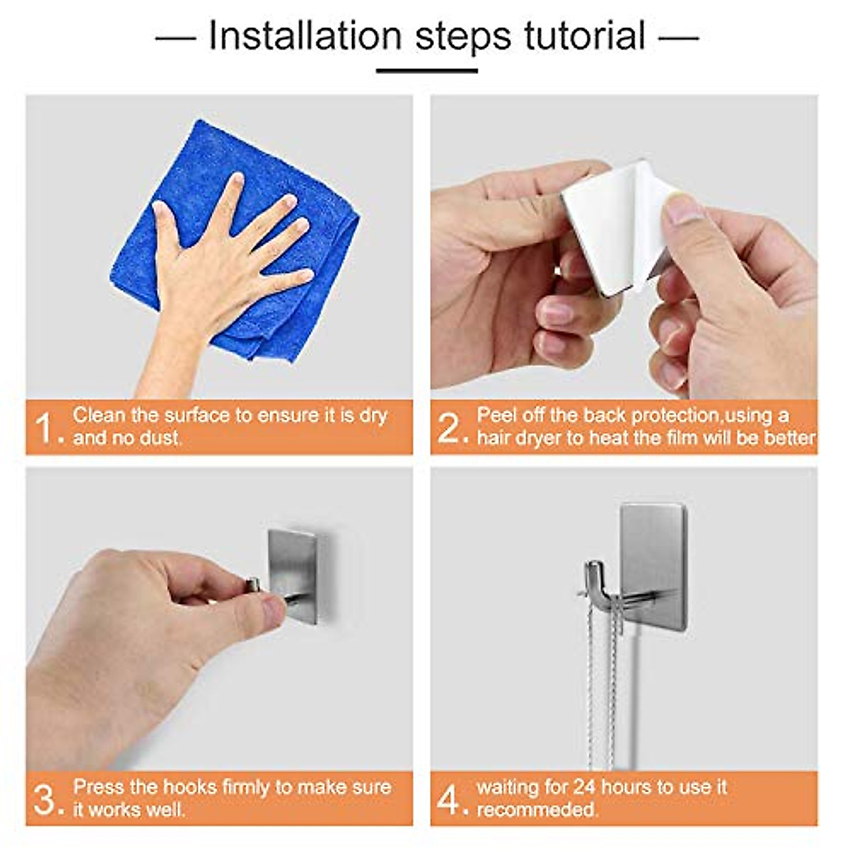Adhesive Towel Hooks Stainless Steel Heavy Duty Shower Hook Waterproof Wall Hooks Stick on Door Cabinet Robe Rack Hanger for Hanging Clothes, Coats, Bags, Keys, Bathroom Kitchen and Bedroom-4 Packs