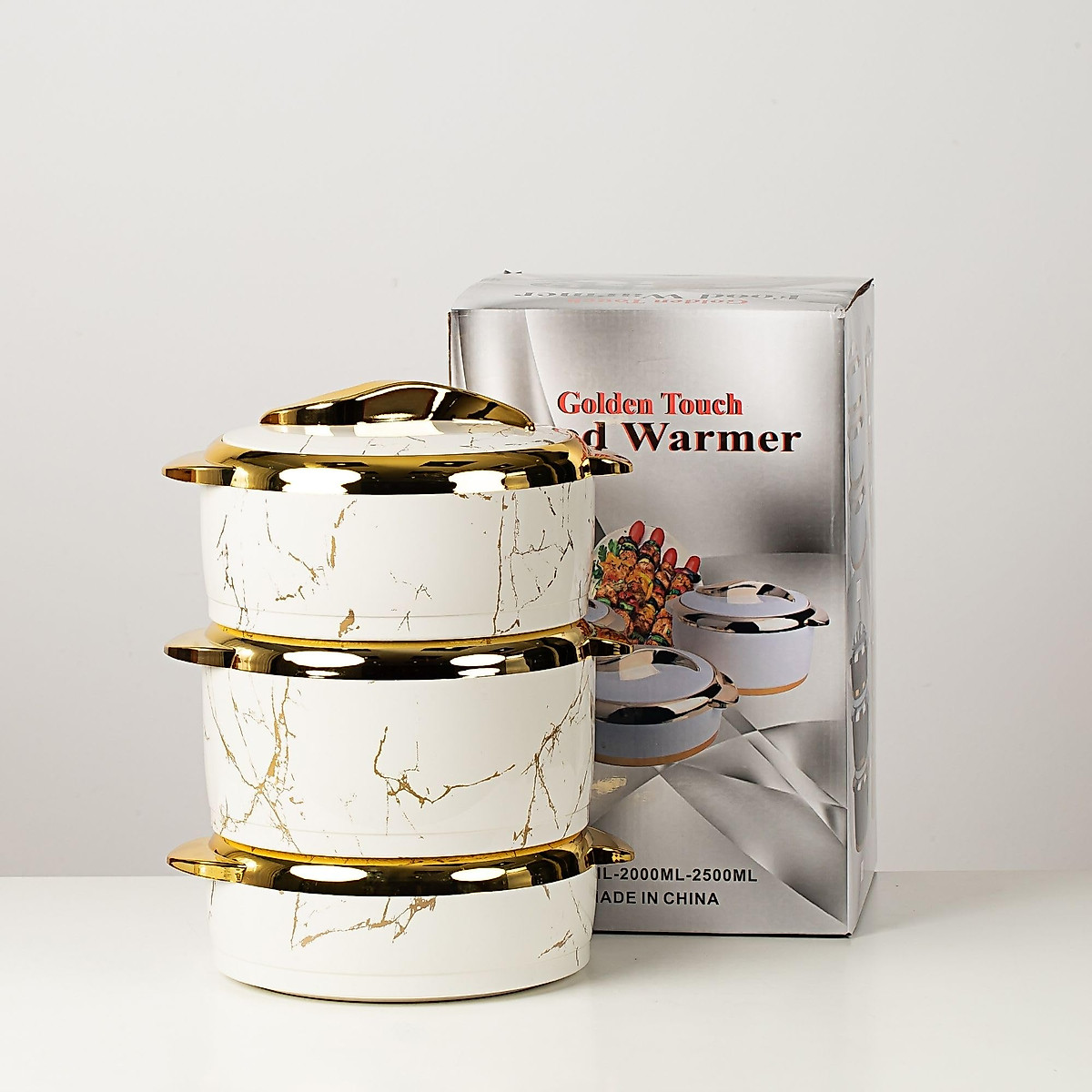 Hywisnok Luxury 3-Piece 2.6/2.1/1.6qt Thermal Casserole Dish Set with Lids, Insulated Stainless Steel Container for Hot & Cold Food, Serving Bowl for Buffets/Parties-Marble White