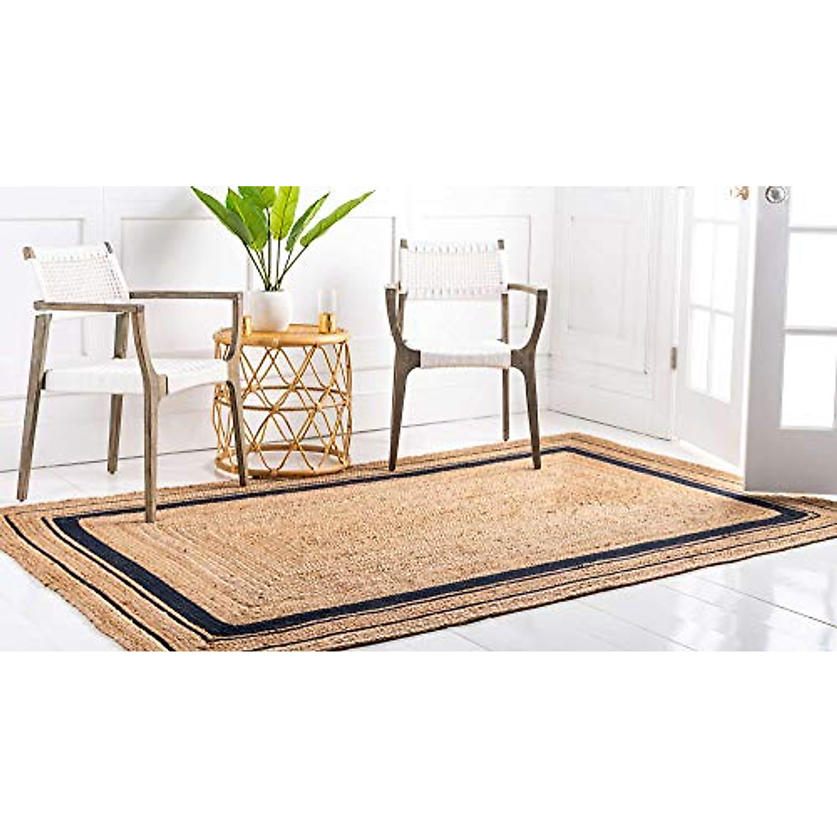 Unique Loom Braided Jute Collection Classic Quality Made Hand Woven with Coastal Design Area Rug, 6 ft x 9 ft, Natural/Navy Blue