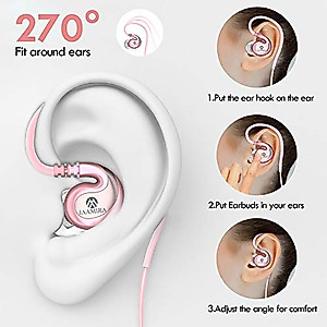 JAAMIRA Sports Wired Earbuds in-Ear Earphones with Microphone &Volume Control -Bass &Noise Isolation Over Ear Headphones with 3.5mm Jack -for Android Phone iPhone Computer Gaming Workout IPX4 Pink