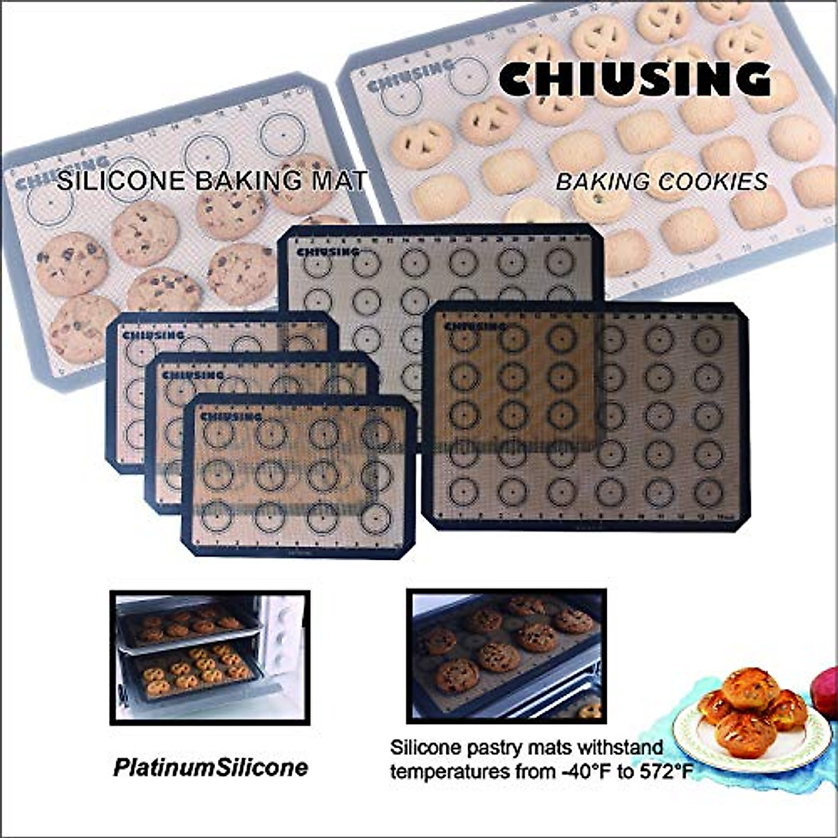CHIUSING 5 piece silicone macaron baking mats with measurements,BPA free macaron silicone bake pastry mat for cake,cookie,pizza and macaron