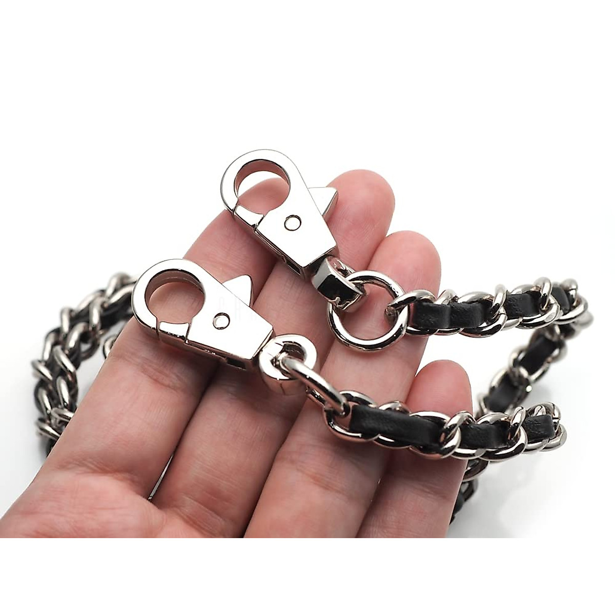 CRAFTMEMORE Purse Chain Strap, Chain with Leather Handle, Shoulder Handbag Replacement Pochette Accessories K083 (47 Inches, Silver)