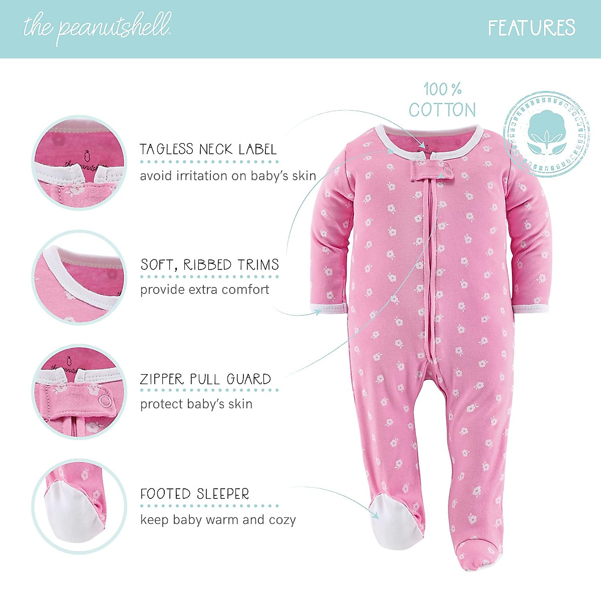 The Peanutshell Footed Pajamas Sleepers for Baby Girls, Sleep and Play Footies, 3 Pack (6-9 Months)