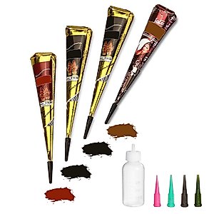 Temporary Tattoos Kit, 4Pcs Semi Permanent Tattoo Paste Cones, India Body DIY Art Painting for Women Men Kids, Summer Trend Freehand Plaste with 3 Colors,20Pcs Adhesive Stencil,1Pc Bottle,4Pcs Nozzles