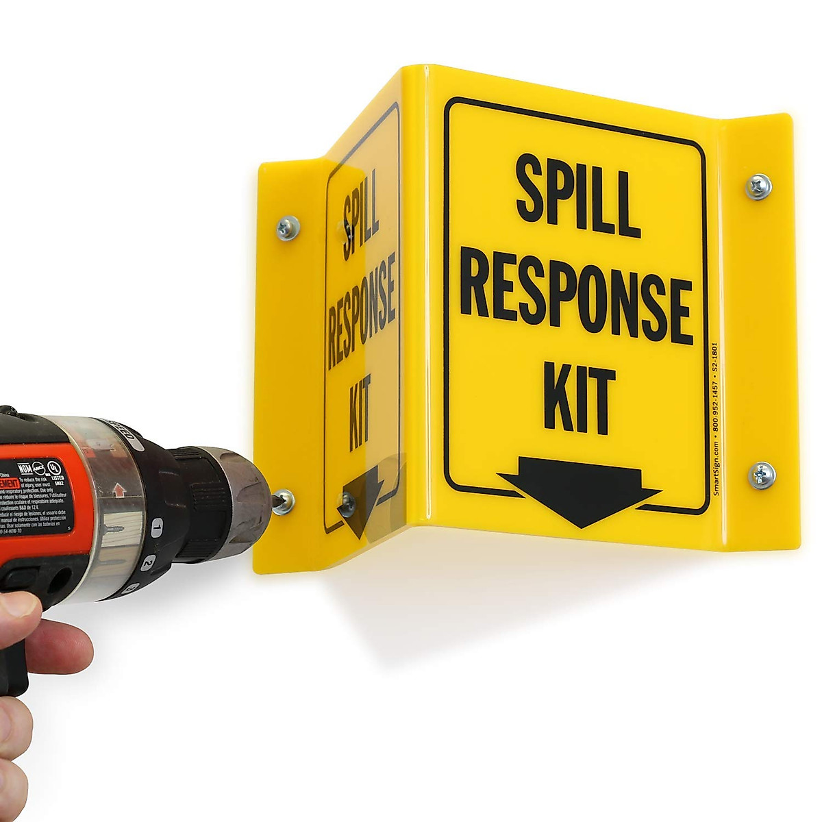 SmartSign "Spill Response Kit" Projecting V-Sign Polished Acrylic with Flame Treated Edge, Black On Yellow | 5" x 6"