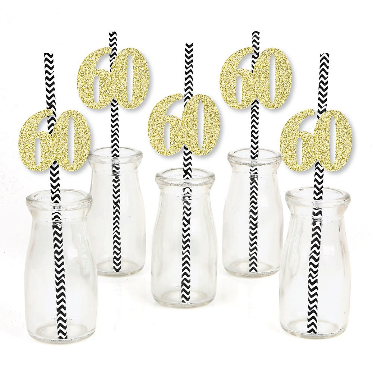 Gold Glitter 60 Party Straws - No-Mess Real Gold Glitter Cut-Out Numbers & Decorative 60th Birthday Party Paper Straws - Set of 24