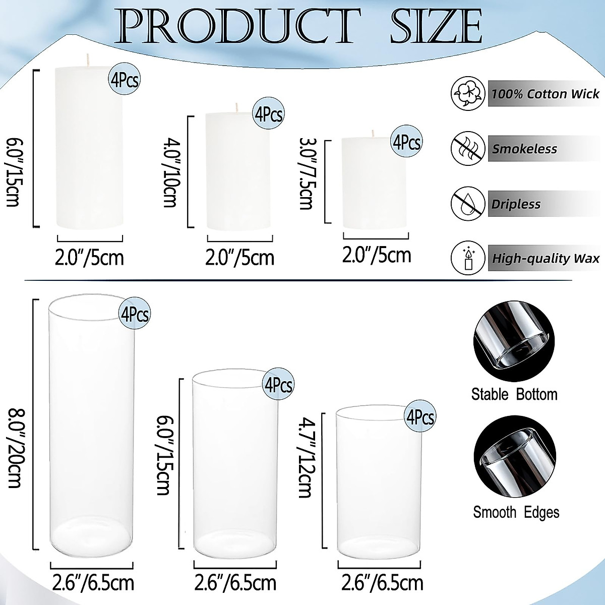 PNJHDZ 24 Pcs White Pillar Candles and Glass Candle Holders, Clear Cylinder Vases Pillar Candle Holders for Pillar Candles, Hurricane Candle Set for Wedding Party, Event, Home Office Decor