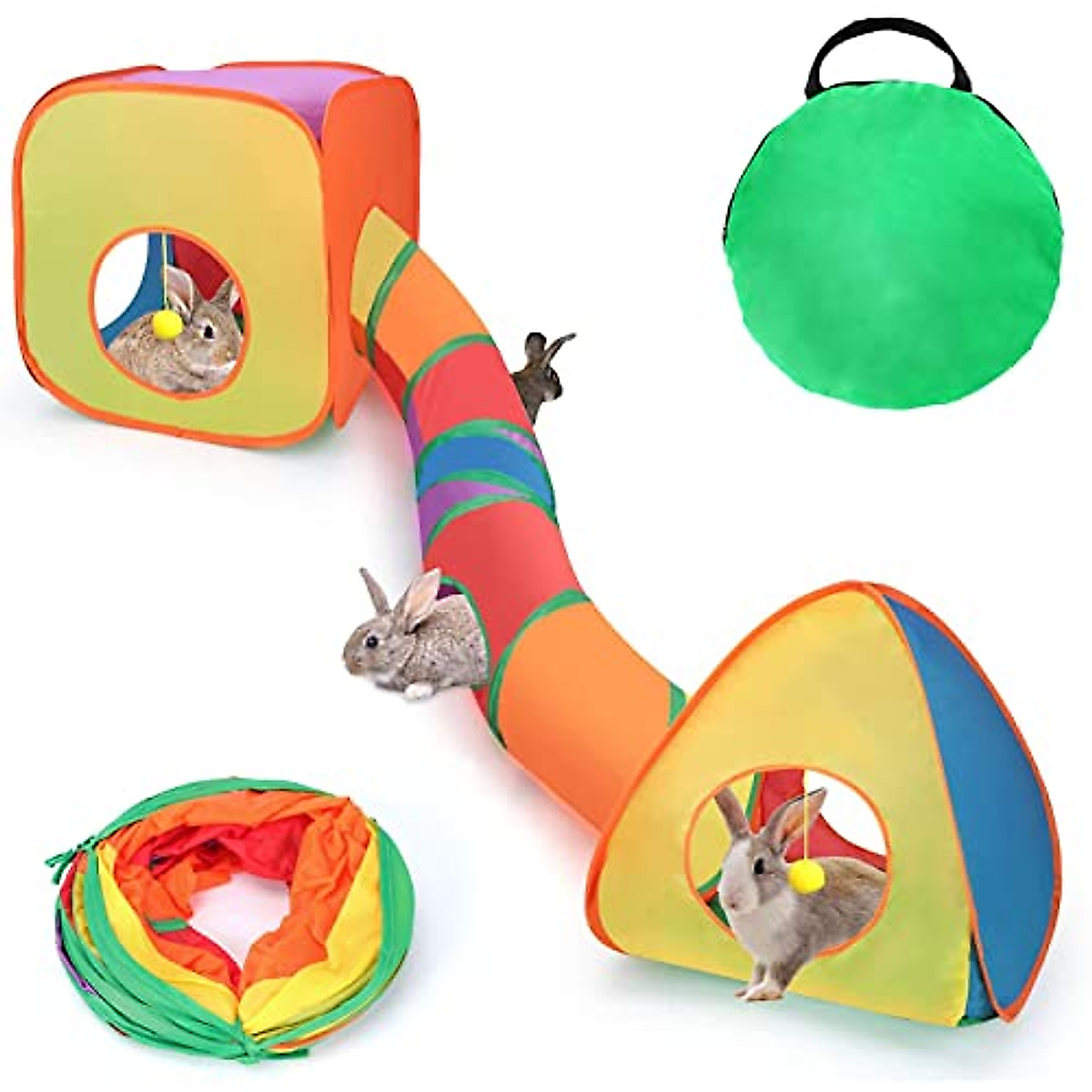 BWOGUE Bunny Tunnels & Tubes Collapsible Rabbit Hideout Tube and Foldable Cubes Playground Small Animal Activity Hideaway for Dwarf Rabbits Bunny Guinea Pigs Kitty