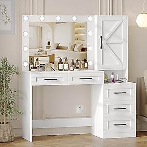 Irontar Makeup Vanity Desk with Charging Station, Farmhouse Makeup Desk with Lights Mirror and Drawers, Vanity Table with Side Cabinet, Dressing Table for Women, White WDT008W